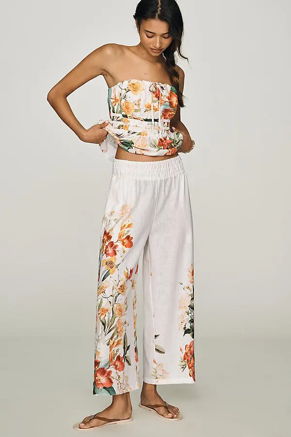 THE SOMERSET COLLECTION BY ANTHROPOLOGIE The Somerset Collection Printed Linen Cotton Somerset Pull-on Pants - Ivory Floral