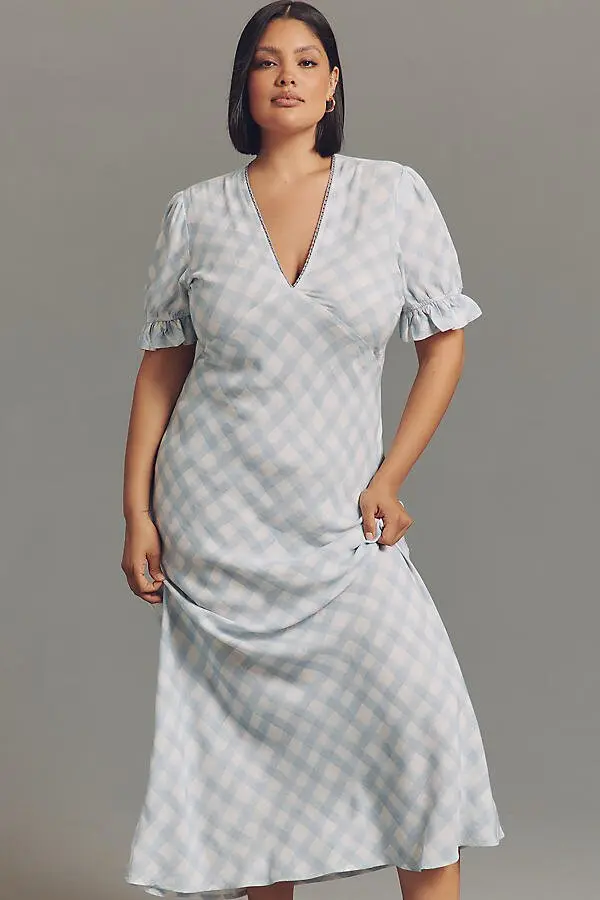 CONDITIONS APPLY Eniya Linen Blend V-neck Maxi Slip Dress - Blue Pattern