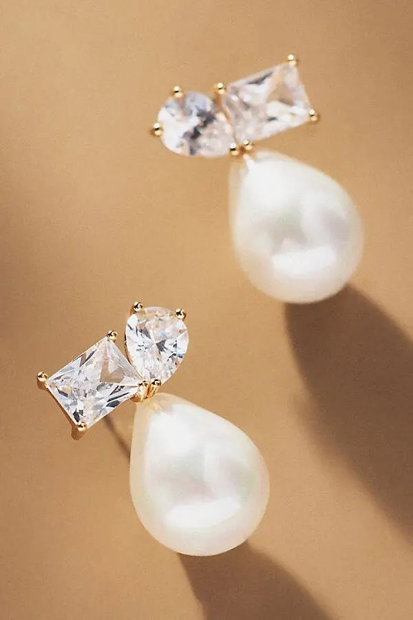 Anthropologie Shaped Crystals Pearl Drop Earrings