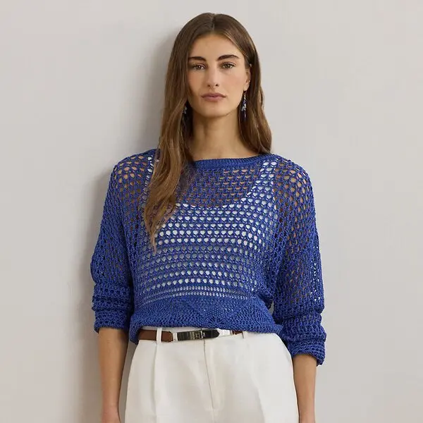 Ralph Lauren Pointelle-knit Linen-blend Sweater - Blue Lapis