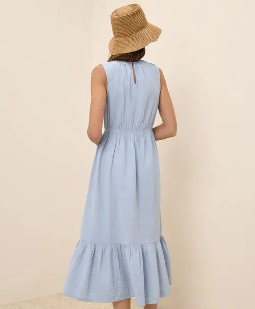 PACT Organic Cotton Coastal Double Gauze Tiered Midi Dress - Cornflower Blue