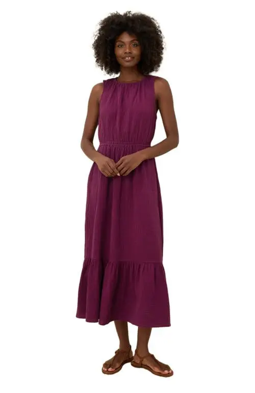 PACT Organic Cotton Coastal Double Gauze Tiered Midi Dress - Sangria