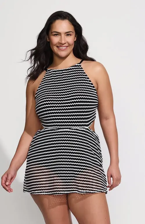 LANDS' END Crochet Monokini Swim Dress - Black/white