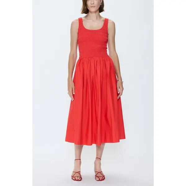 PISTOLA Alessia Smocked Drop-waist Stretch Cotton Midi Dress - Maraschino