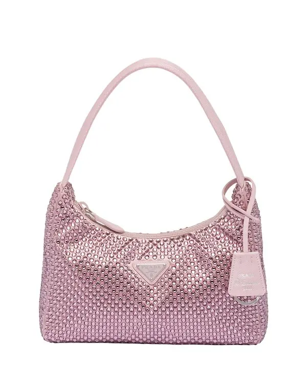 Prada Re-edition Satin Mini-bag With Crystals - Pink