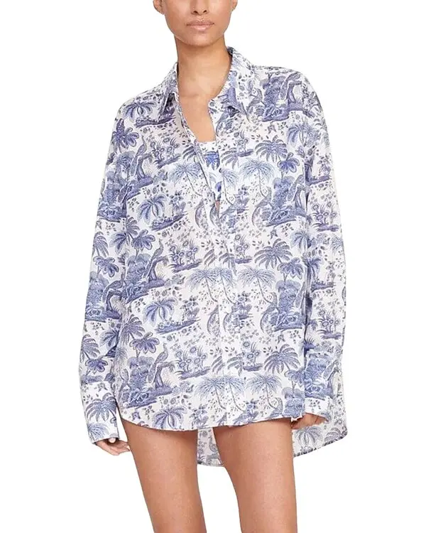 Staud Colton Shirt Swim Cover-up - Blue Toile
