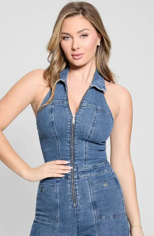 Guess Mia Denim Halter Jumpsuit - Pixie Blue