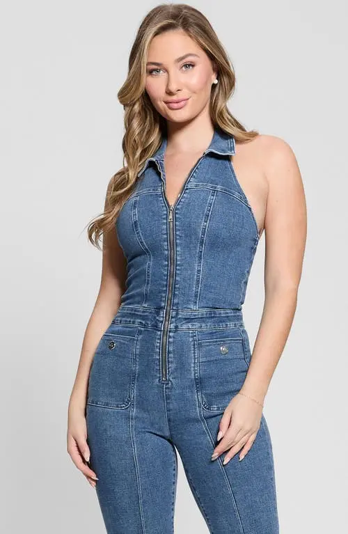 Guess Mia Denim Halter Jumpsuit - Pixie Blue