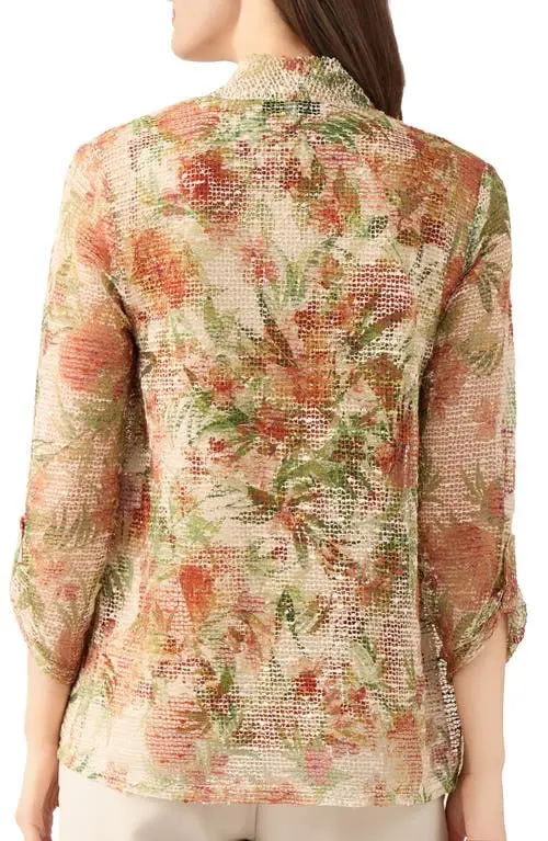 KASPER Floral Mesh Open-front Cardigan