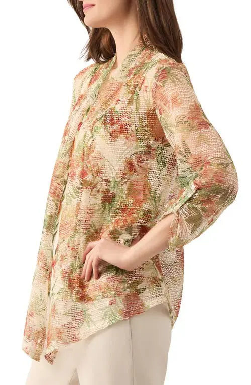 KASPER Floral Mesh Open-front Cardigan