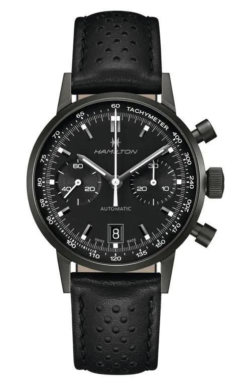 Hamilton American Classic Intramatic Chronograph Leather Strap Watch - Black