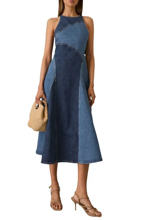 REISS Wilder Colorblock Denim Midi Dress
