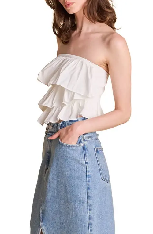 Endless Rose Mixed Media Ruffle Strapless Top - White