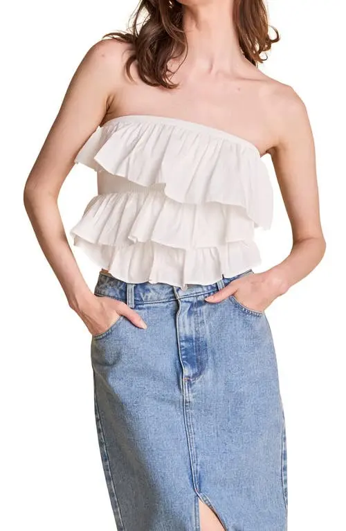 Endless Rose Mixed Media Ruffle Strapless Top - White