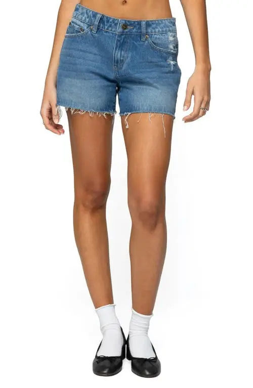 EDIKTED Scottie Raw Hem Denim Shorts - Blue