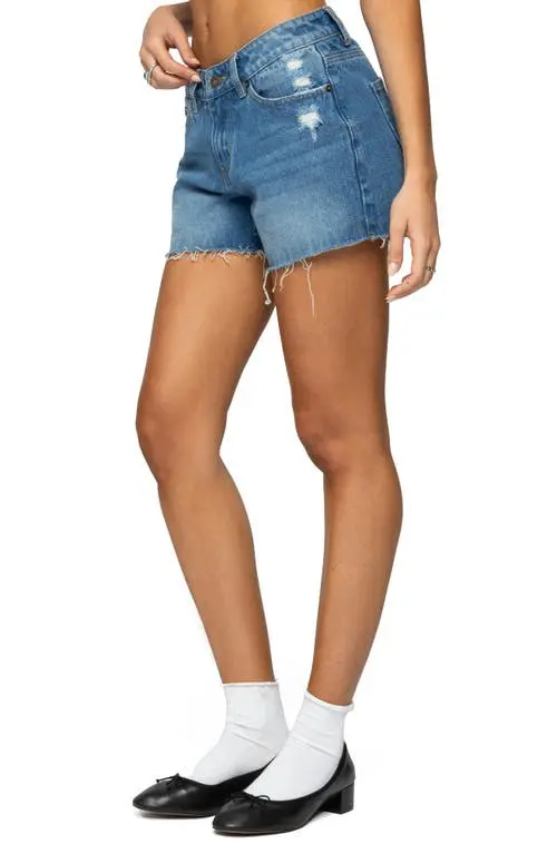 EDIKTED Scottie Raw Hem Denim Shorts - Blue