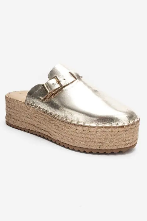 FOREVER & ALWAYS SHOES Novas Leather Platform Espadrille Mules - Gold