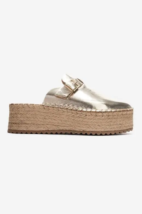 FOREVER & ALWAYS SHOES Novas Leather Platform Espadrille Mules - Gold