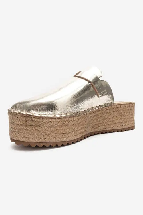 FOREVER & ALWAYS SHOES Novas Leather Platform Espadrille Mules - Gold