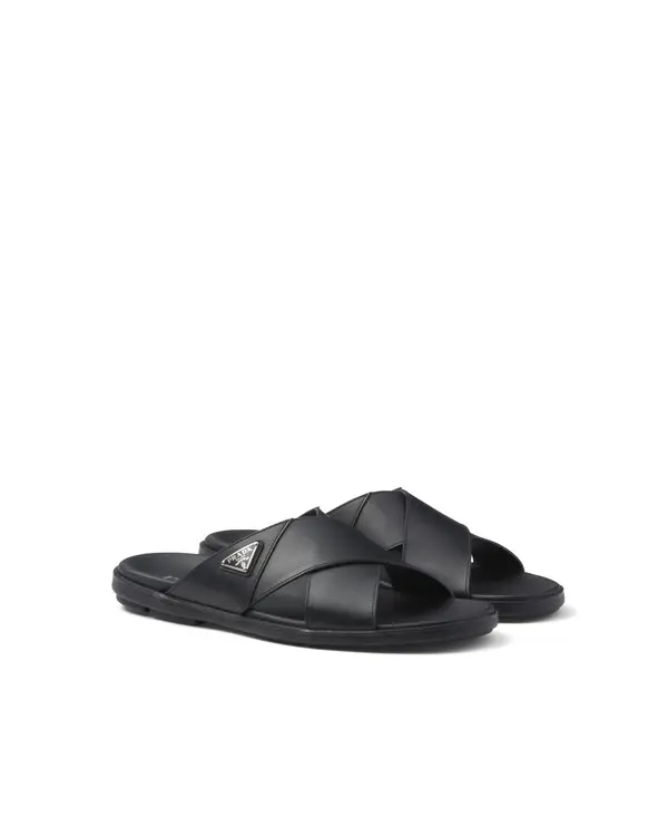Prada Leather Crisscross Slides - Black