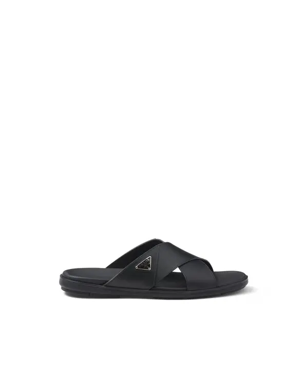 Prada Leather Crisscross Slides - Black