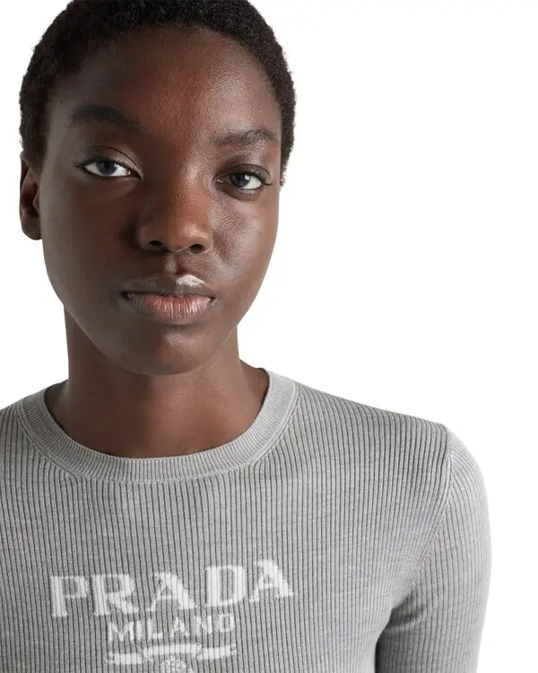 Prada Silk Crew-neck Sweater With Logo - Grey