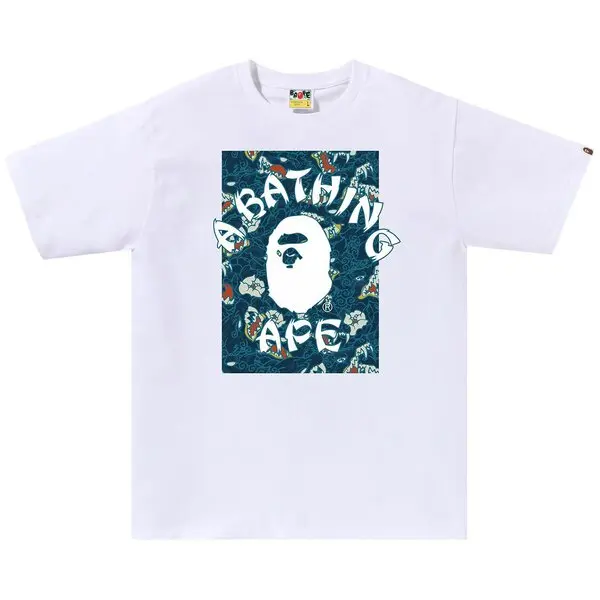 A BATHING APE Japanese Tattoo Camo On College Tee /blue - White