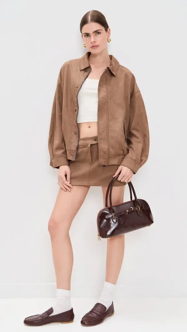 Lioness Kenny Faux Suede Bomber Jacket - Coffee