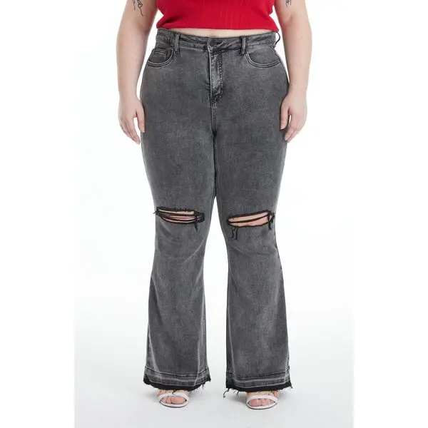 BAYEAS Lauren High Waist Ripped Flare Jeans - Grey