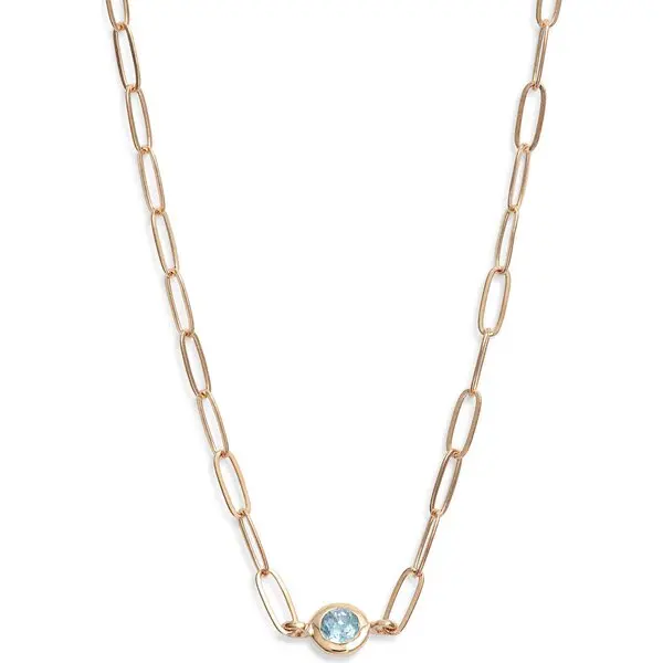 Anzie Classique Birthstone Paper Clip Chain Necklace - Blue Aquamarine