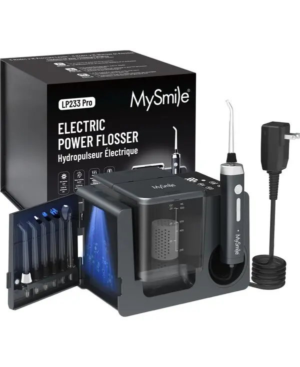 MYSMILE Lp233 Pro Uvc Sterilizable Countertop Water Flosser 800ml Tank Digital Display With A Water Filter 3 Modes And 6 Jet Tips - Graphite Grey