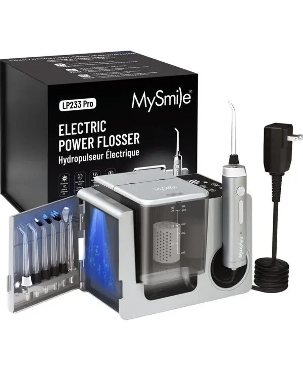 MYSMILE Lp233 Pro Uvc Sterilizable Countertop Water Flosser 800ml Tank Digital Display With A Water Filter 3 Modes And 6 Jet Tips - Lightening Silver