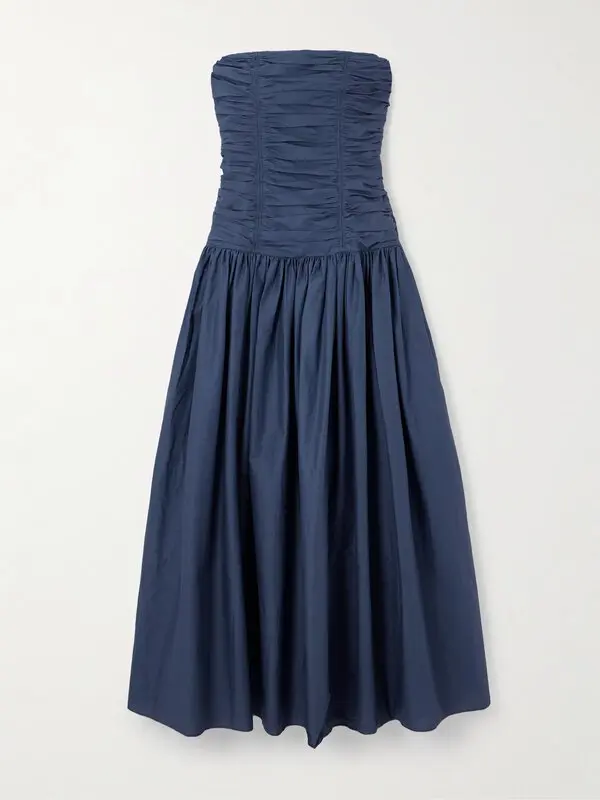 Matteau Strapless Ruched Organic Cotton-poplin Midi Dress - Blue