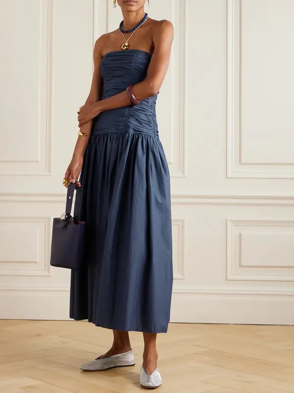 Matteau Strapless Ruched Organic Cotton-poplin Midi Dress - Blue