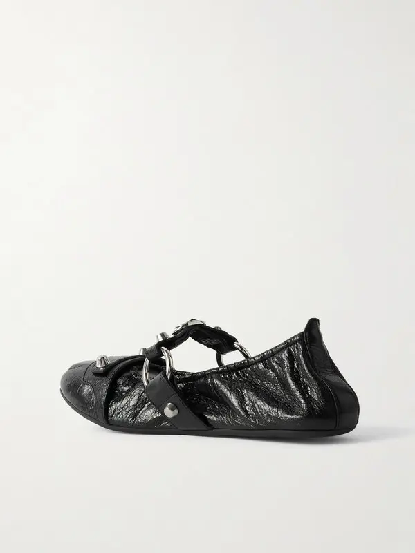 Balenciaga City Embellished Crinkled-leather Ballet Flats - Black