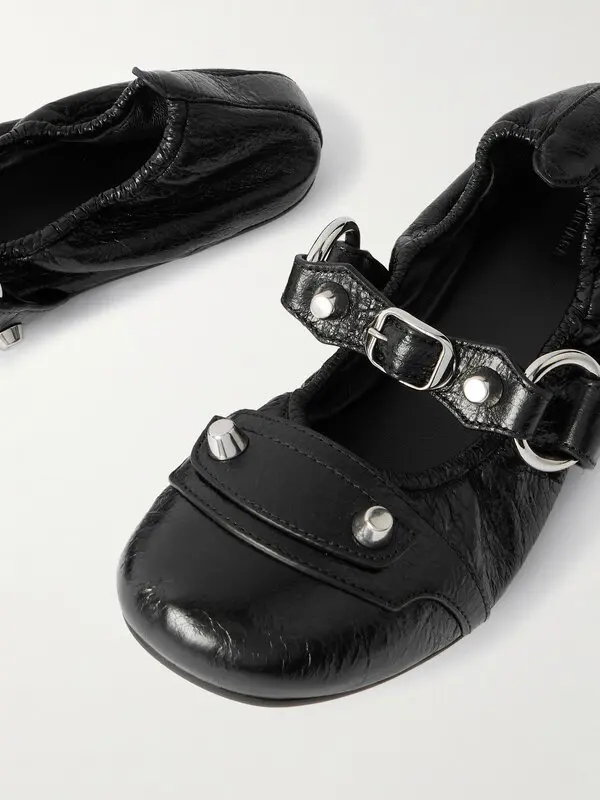 Balenciaga City Embellished Crinkled-leather Ballet Flats - Black