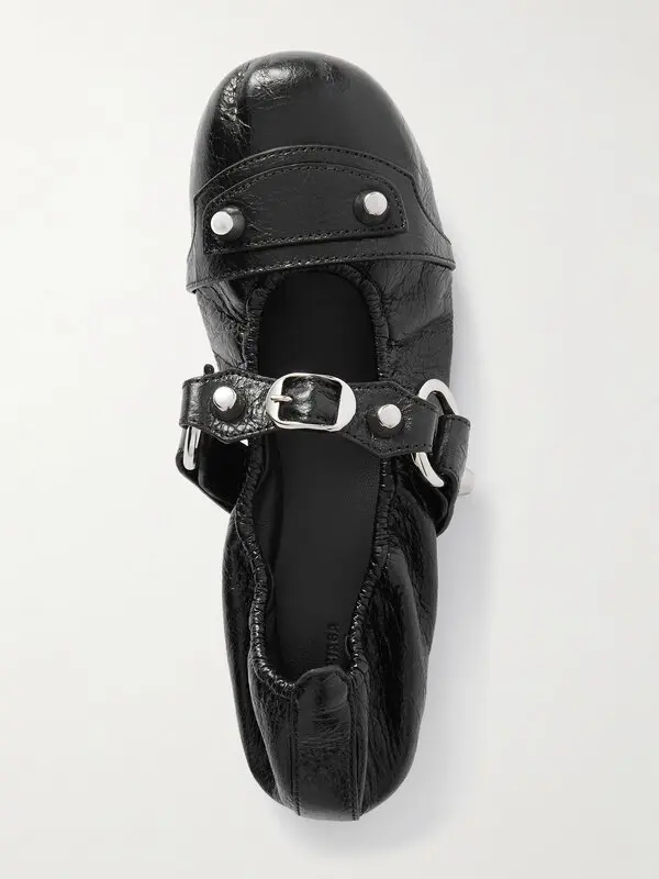 Balenciaga City Embellished Crinkled-leather Ballet Flats - Black