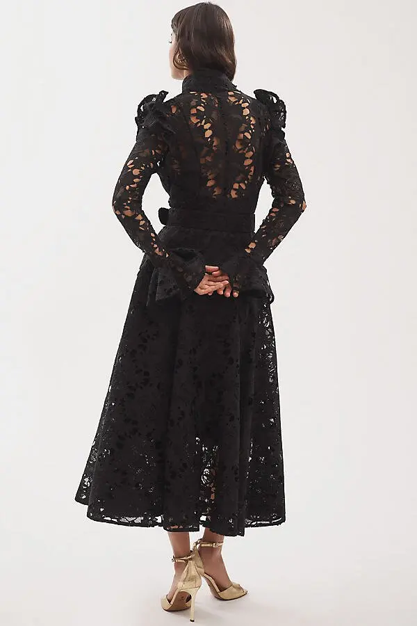 Leo Lin Aliyah Lace Butterfly-Sleeve Midi Dress - Black | Editorialist