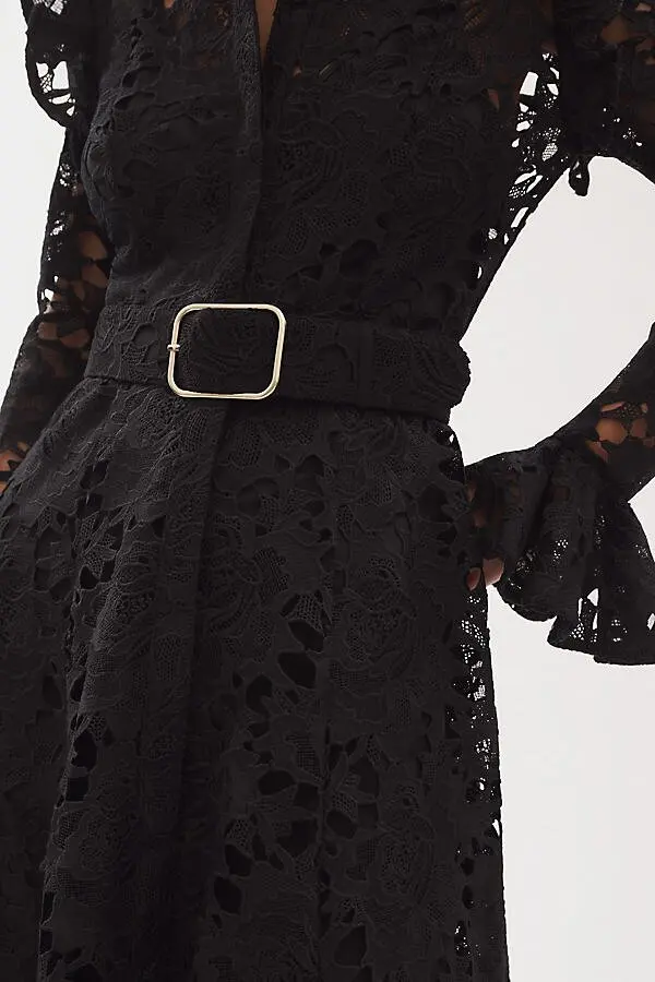 Leo Lin Aliyah Lace Butterfly-Sleeve Midi Dress - Black | Editorialist