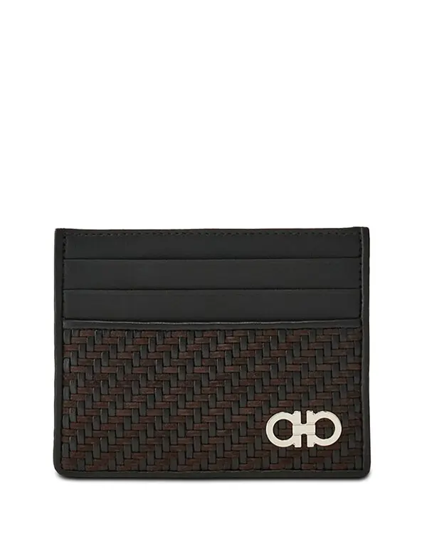 FERRAGAMO Gancio Woven Leather Card Case - Brown