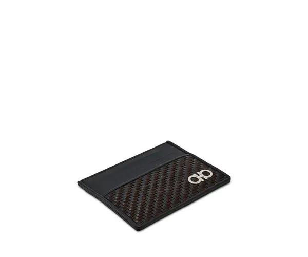 FERRAGAMO Gancio Woven Leather Card Case - Brown