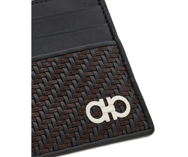 FERRAGAMO Gancio Woven Leather Card Case - Brown