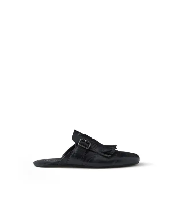 Prada Shuffle Antiqued Leather Mules - Black