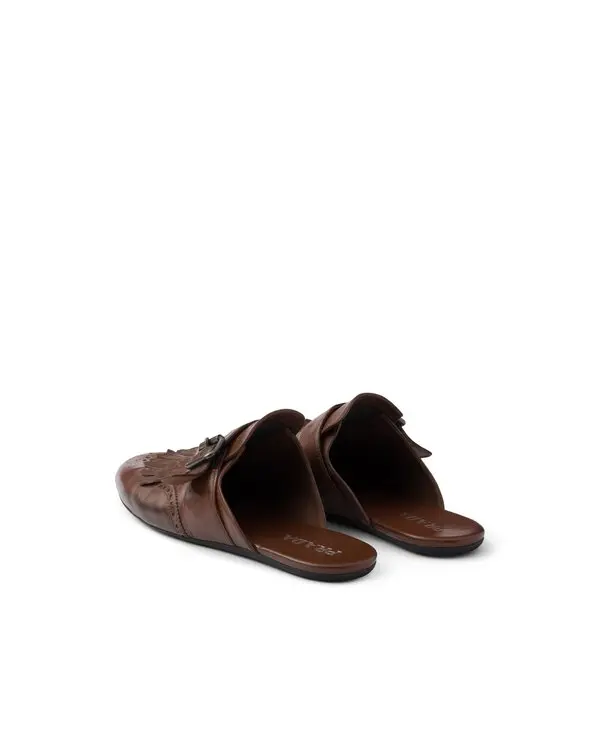 Prada Shuffle Antiqued Leather Mules - Brown