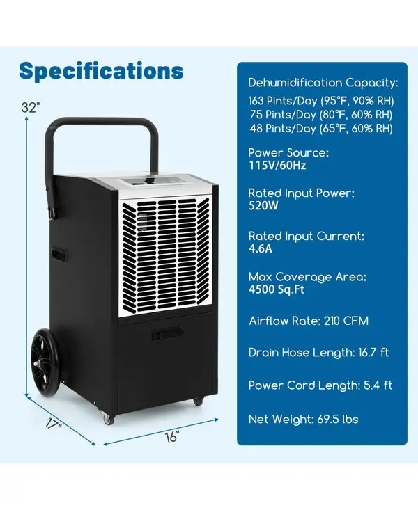 VOLENCA 163 Pints Commercial Dehumidifier Crawl Space Dehumidifier With Pump And Drain Hose