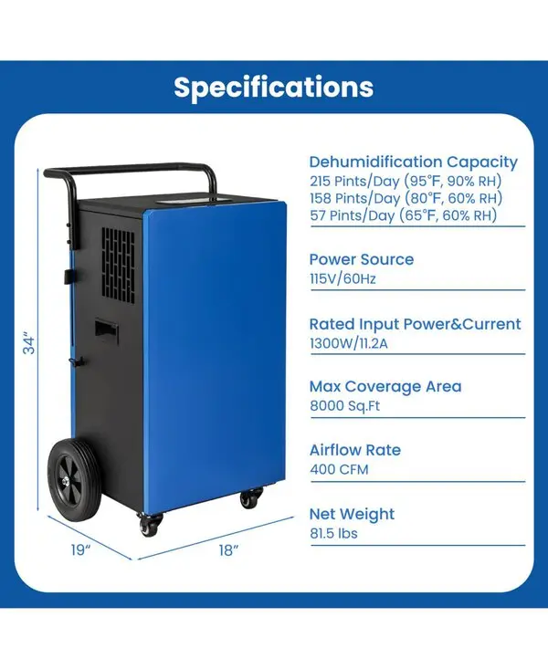 VOLENCA 215 Pints 8000 Sq.ft Commercial Dehumidifier For Home And Basement With 24h Timer