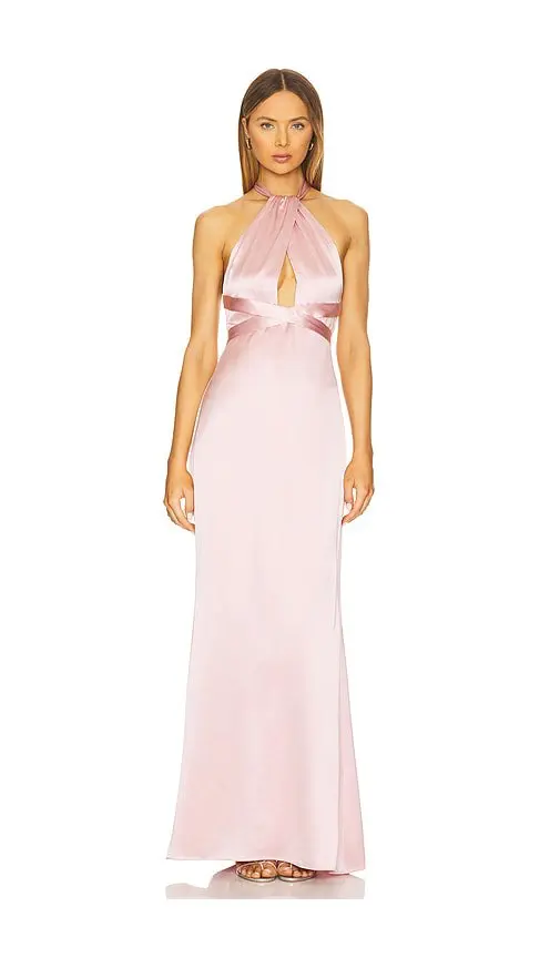 Retrofete Magnolia Halterneck Maxi Dress With Cut Out And Belted Accent - Blush