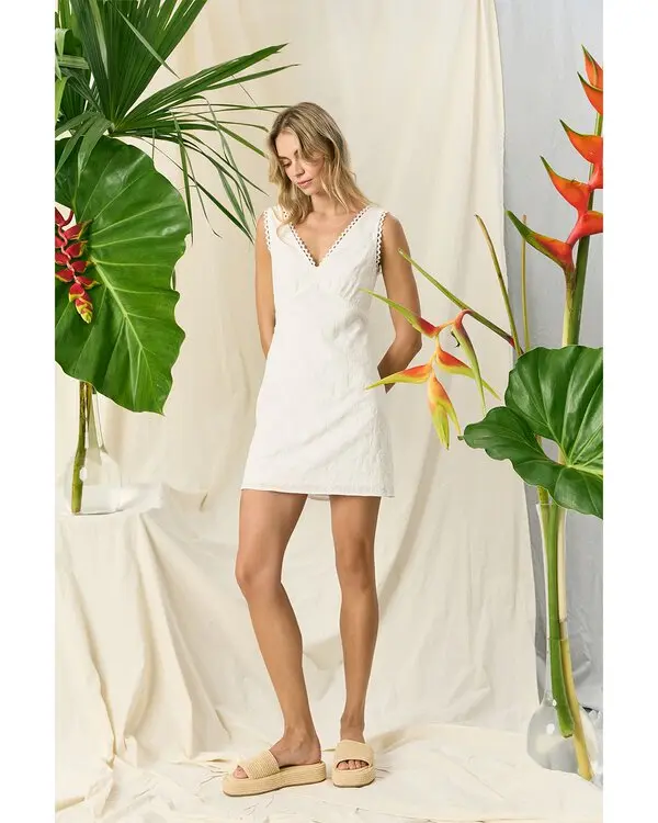 THE GOOD JOURNEY V Neck Crochet Trim Mini Dress