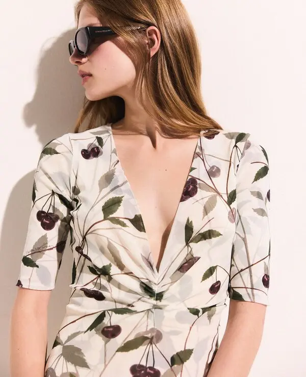 Stella McCartney Cherry Print Mesh Midi Dress - Cream
