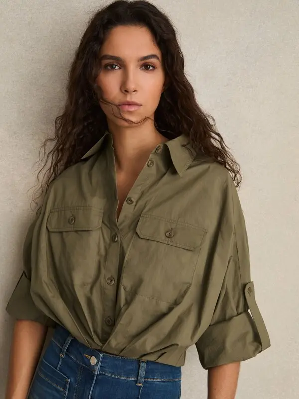 REISS Thalia Pleat-hem Cropped Shirt - Khaki